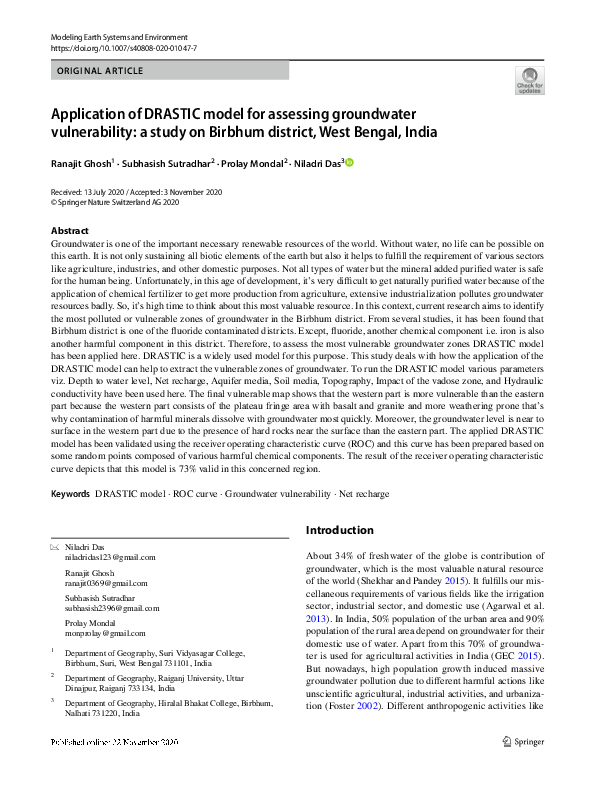 (PDF) Application of DRASTIC model for assessing groundwater ...