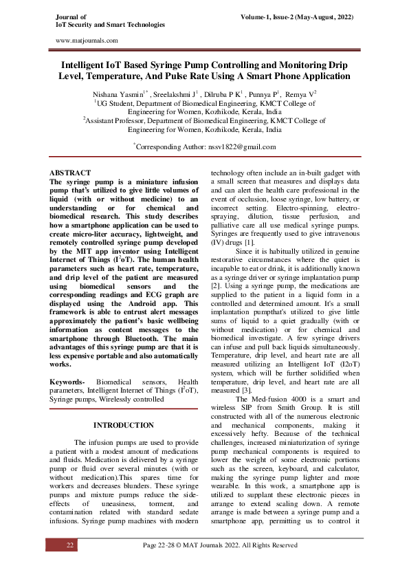 Pdf Intelligent Iot Based Syringe Pump Controlling And Monitoring Drip Level Temperature And