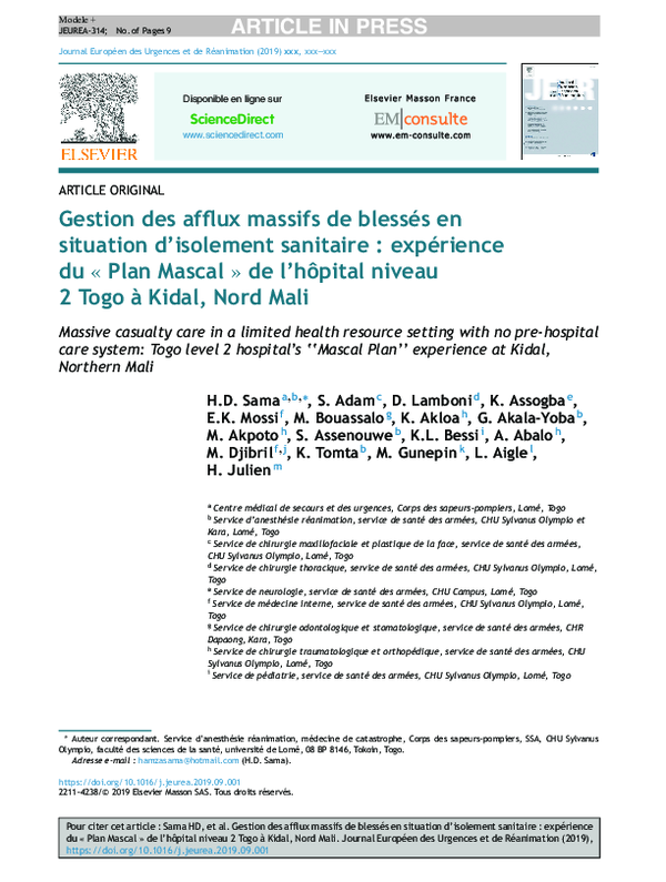 (PDF) Gestion des afflux massifs de blessés en situation d’isolement sanitaire : expérience du ...