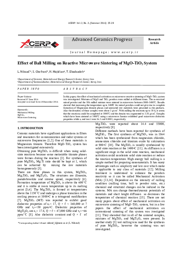 (PDF) Effect of ball milling on reactive microwave sintering of MgO ...