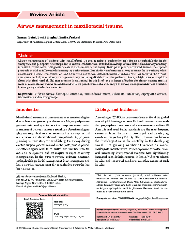 (PDF) Airway management in maxillofacial trauma
