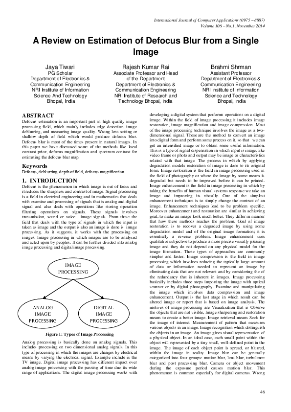 (PDF) A Review on Estimation of Defocus Blur from a Single Image