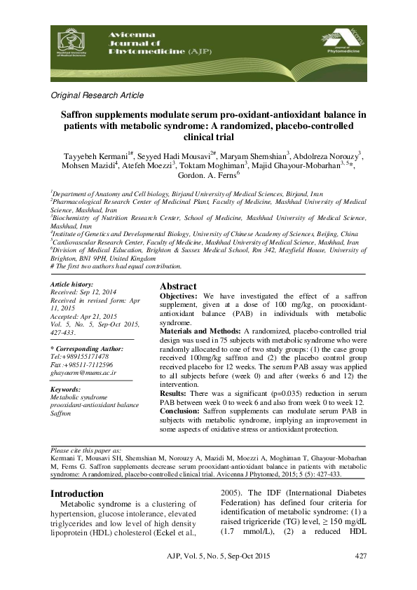 (PDF) Saffron supplements modulate serum pro-oxidant-antioxidant ...
