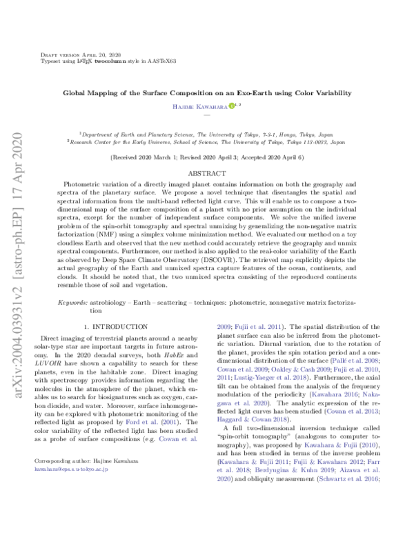 (PDF) Global Mapping of the Surface Composition on an Exo-Earth Using Color Variability