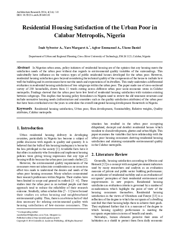 (PDF) Residential Housing Satisfaction of the Urban Poor in Calabar ...