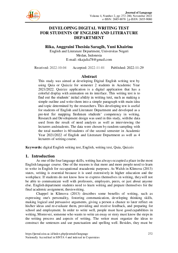 (PDF) Developing Digital Writing Test for Students of English and ...