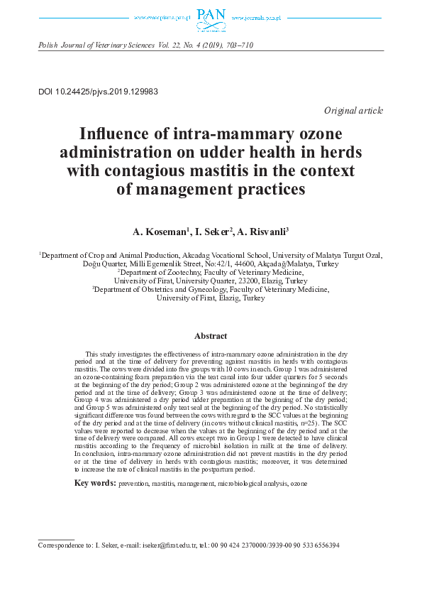 (PDF) Ozone Treatment for Contagious Mastitis Management