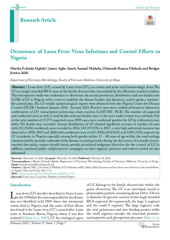 Pdf Occurrence Of Lassa Fever Virus Infections And Control Efforts In