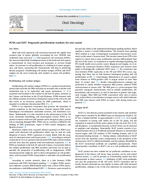 (PDF) PCNA and Ki67: Prognostic proliferation markers for oral cancer