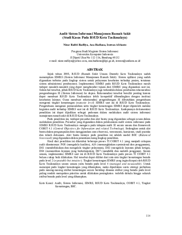 (PDF) Audit Sistem Informasi Manajemen Rumah Sakit (Studi Kasus Pada RSUD Kota Tasikmalaya)