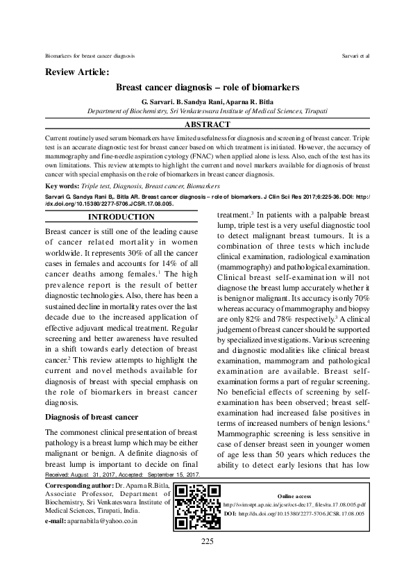 (PDF) Breast cancer diagnosis – role of biomarkers
