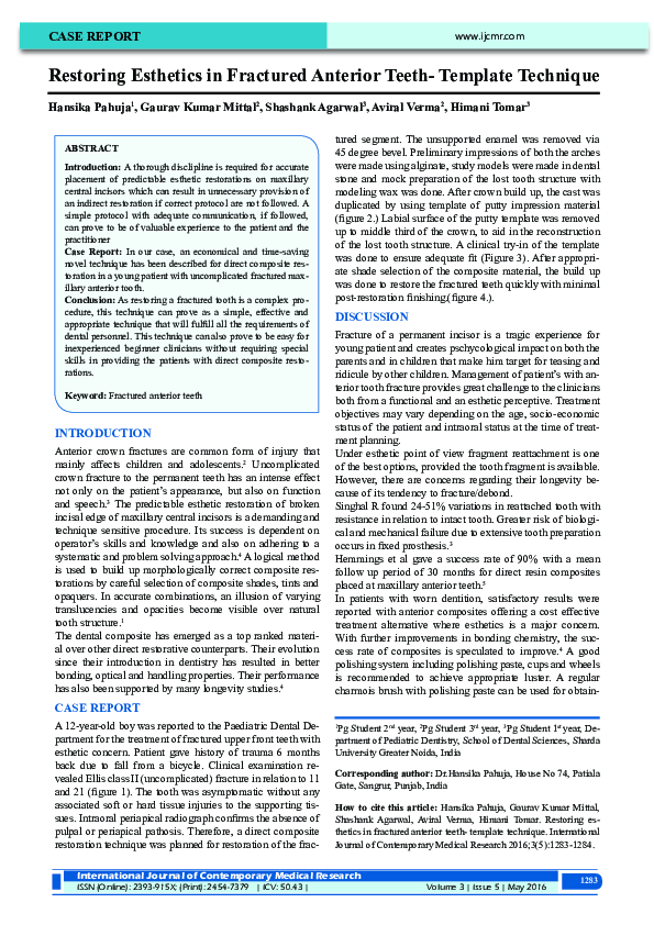 (PDF) Restoring Esthetics in Fractured Anterior Teeth-Template ...