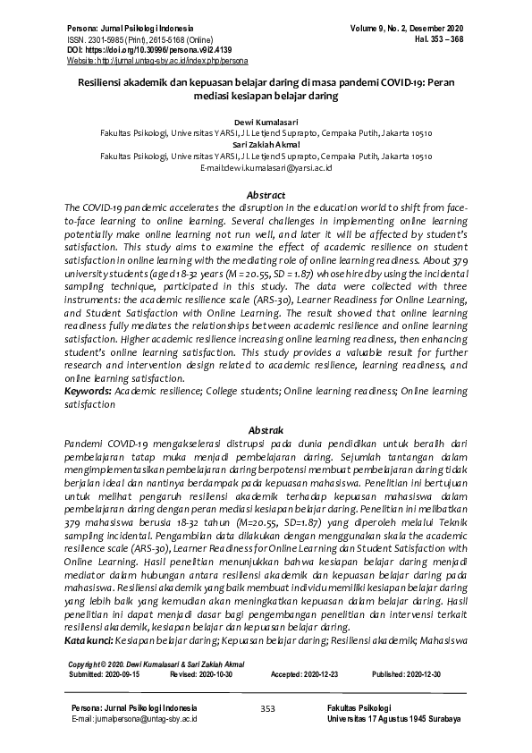(PDF) Resiliensi akademik dan kepuasan belajar daring di masa pandemi COVID-19: Peran mediasi ...