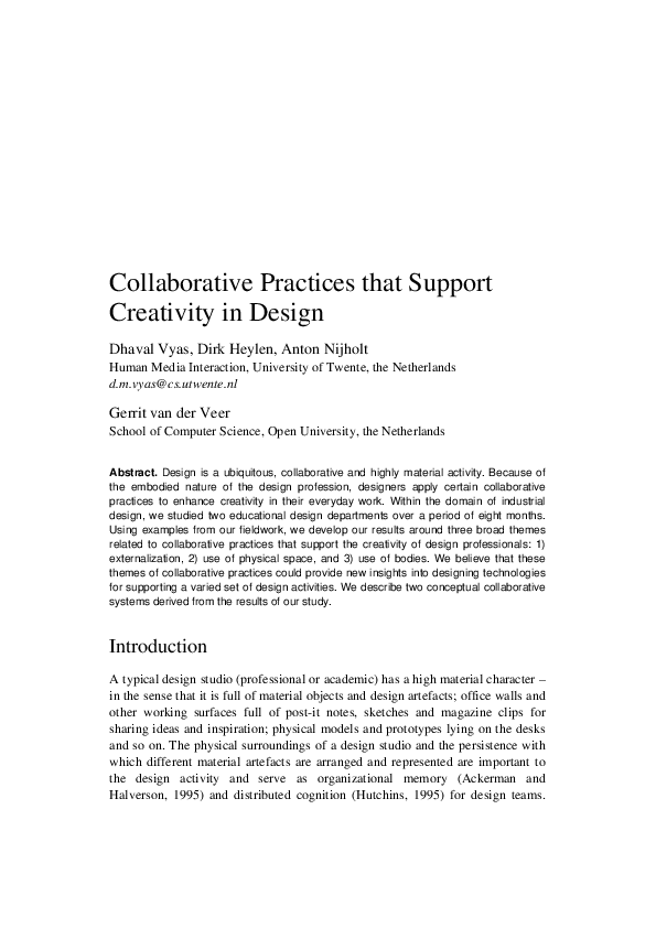 (PDF) Collaborative Practices that Support Creativity in Design