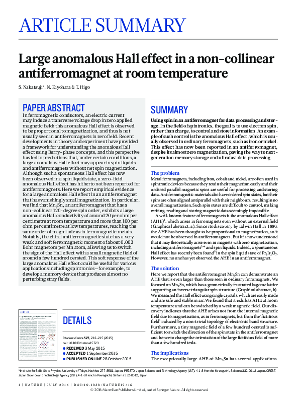 (PDF) Large anomalous Hall effect in a non-collinear antiferromagnet at room temperature