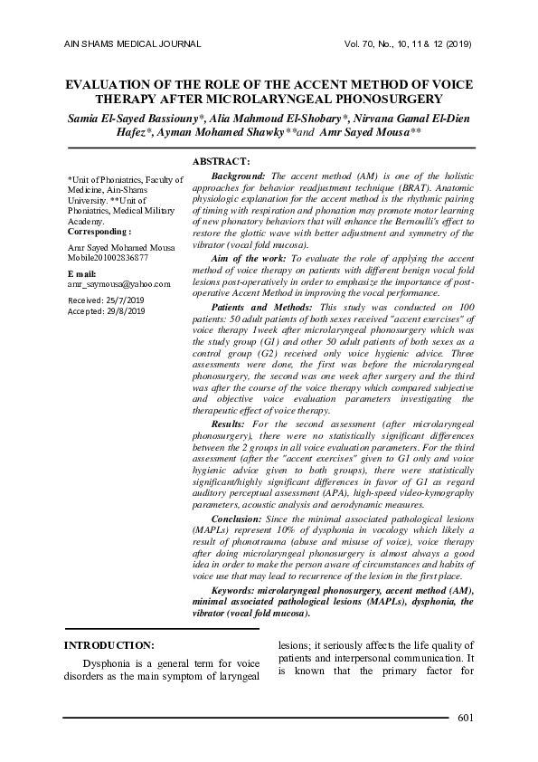(PDF) Evaluation of the Role of the Accent Method of Voice Therapy ...