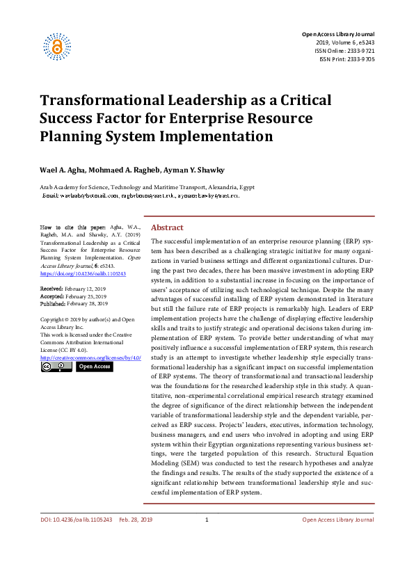 (PDF) Transformational Leadership as a Critical Success Factor for Enterprise Resource Planning ...