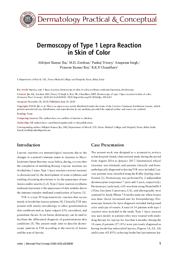 (PDF) Dermoscopy of Type 1 Lepra Reaction in Skin of Color