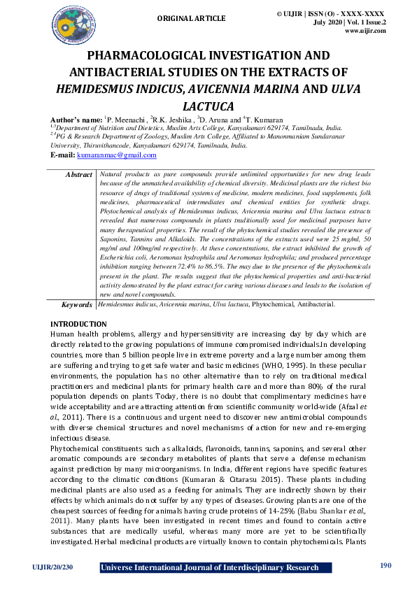 (PDF) Pharmacological Investigation and Antibacterial Studies on the ...