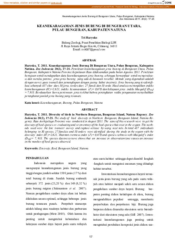 (PDF) Keanekaragaman Jenis Burung DI Bunguran Utara, Pulau Bunguran ...