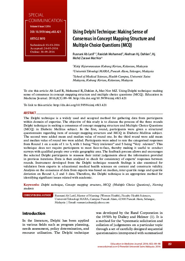 Pdf Delphi Technique For Mcq Consensus In Diabetes 