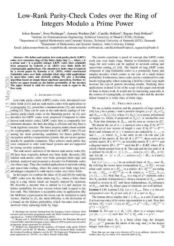 (PDF) Low-Rank Parity-Check Codes over the Ring of Integers Modulo a Prime Power