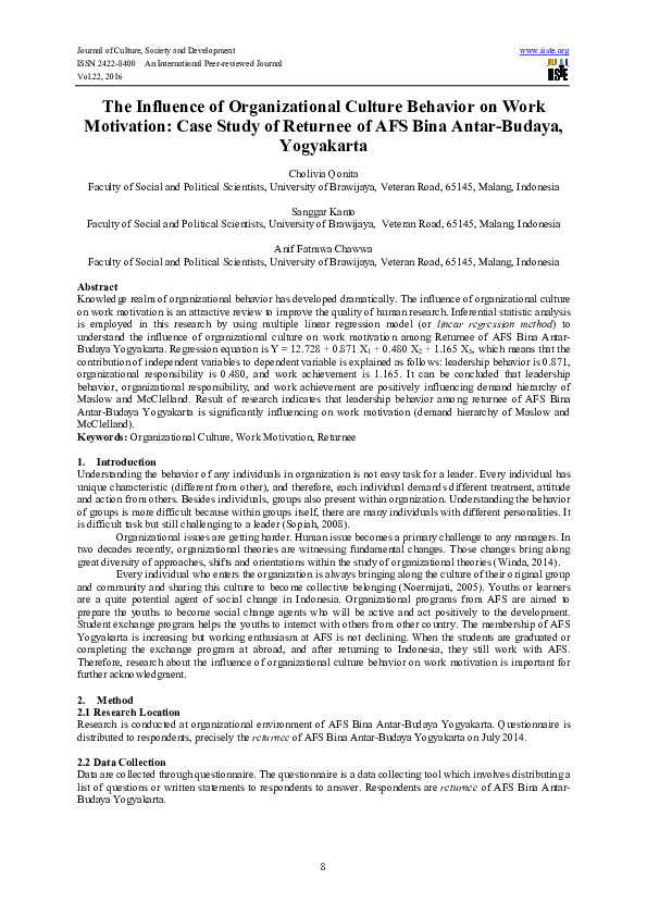 Pdf The Influence Of Organizational Culture Behavior On Work