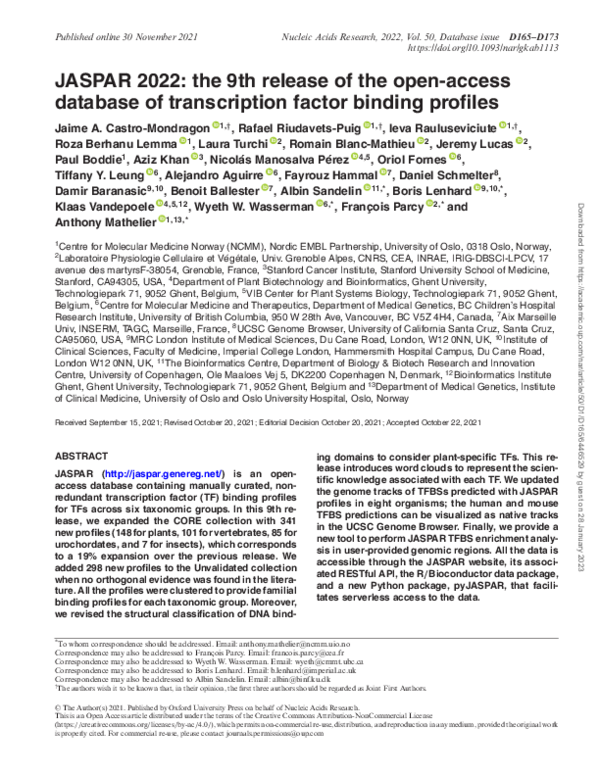 (PDF) JASPAR 2022: the 9th release of the open-access database of transcription factor binding ...