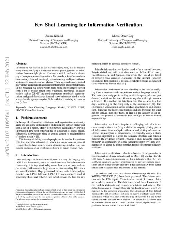 (PDF) Few Shot Learning for Information Verification