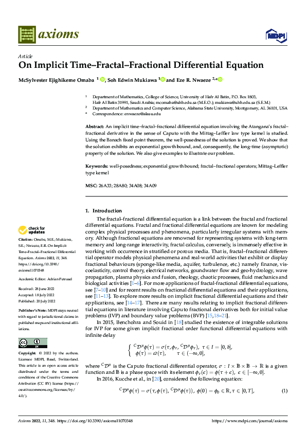 Pdf On Implicit Time Fractal Fractional Differential Equation Prof Soh E Mukiawa