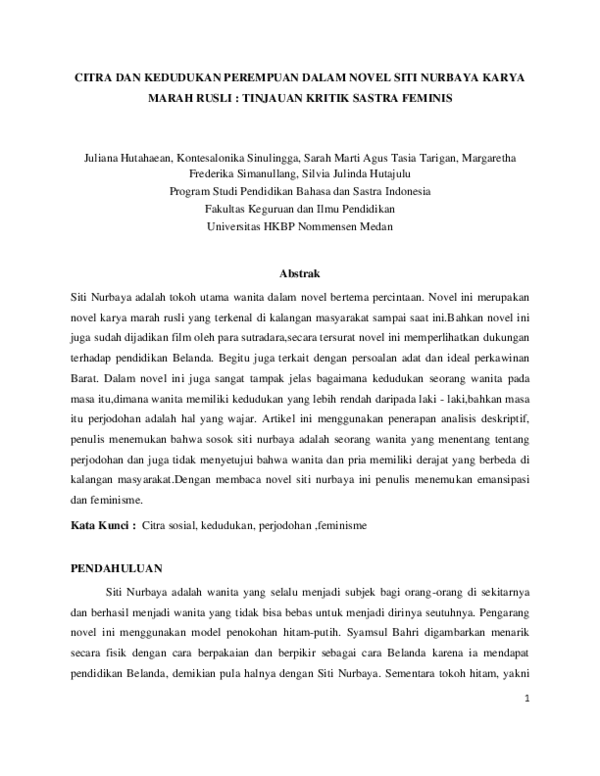 (PDF) CITRA DAN KEDUDUKAN PEREMPUAN DALAM NOVEL SITI NURBAYA KARYA ...
