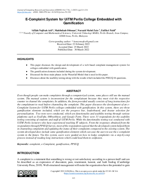 (PDF) E-Complaint System for UiTM Perlis College Embedded with Gamification