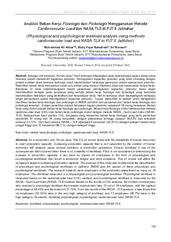 (PDF) Analisis Beban Kerja Fisiologis dan Psikologis Menggunakan Metode Cardiovascular Load dan ...