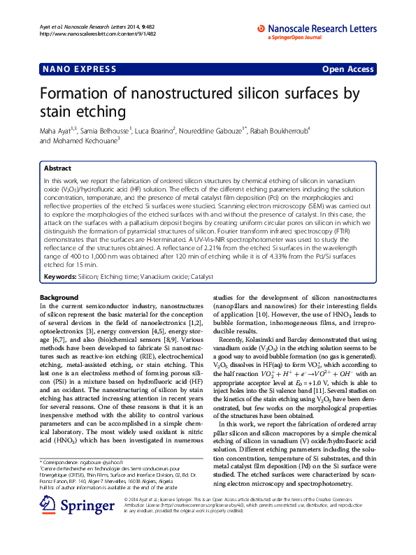 (PDF) Formation of nanostructured silicon surfaces by stain etching