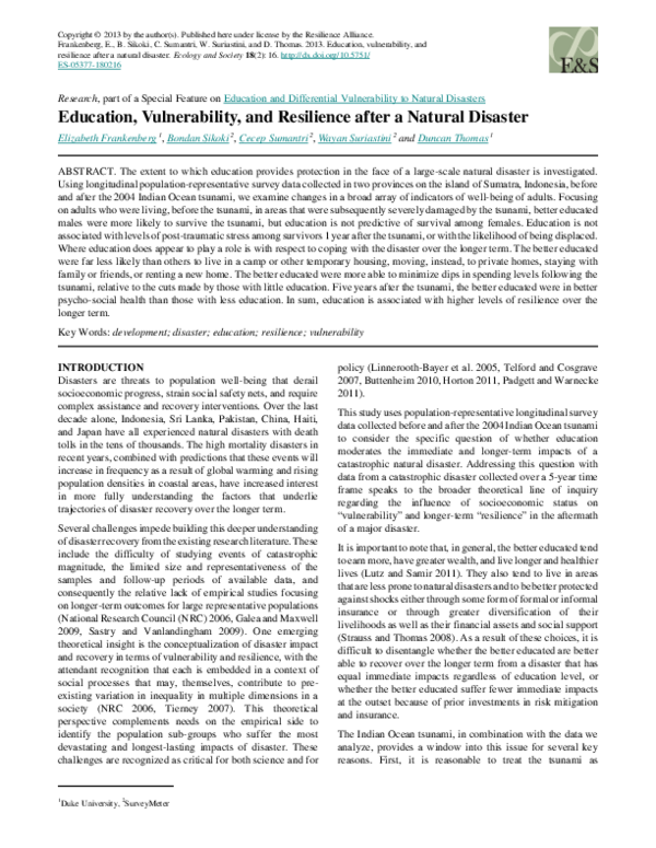 (PDF) Education, Vulnerability, and Resilience after a Natural Disaster