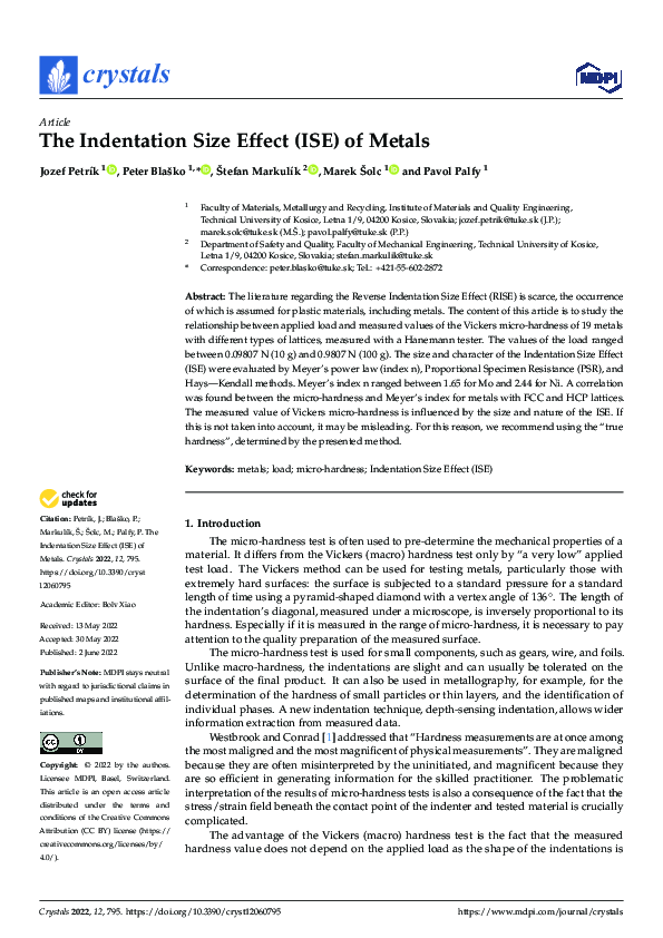 Pdf The Indentation Size Effect Ise Of Metals Pavol Palfy