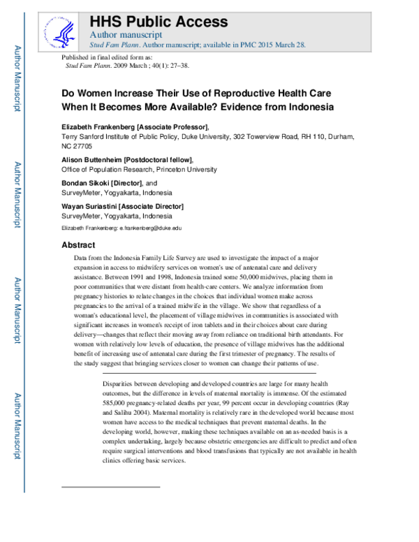 (PDF) Do Women Increase Their Use of Reproductive Health Care When It ...
