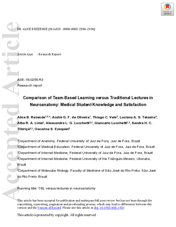 (PDF) Comparison of Team‐Based Learning versus Traditional Lectures in Neuroanatomy: Medical ...
