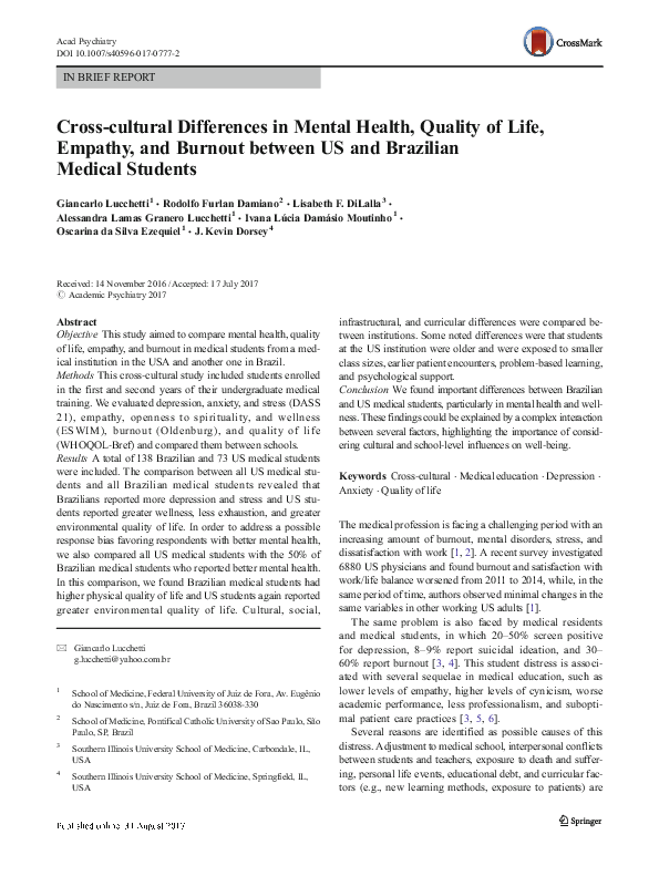 (PDF) Cross-cultural Differences in Mental Health, Quality of Life, Empathy, and Burnout between ...