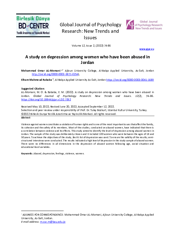 (PDF) A study on depression among women who have been abused in Jordan