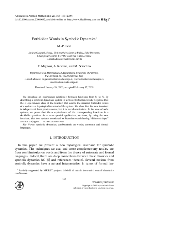 (PDF) Forbidden Words in Symbolic Dynamics | Antonio Restivo - Academia.edu