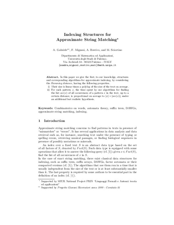 (PDF) Indexing Structures for Approximate String Matching (PDF) Indexing Structures for Approximate String Matching