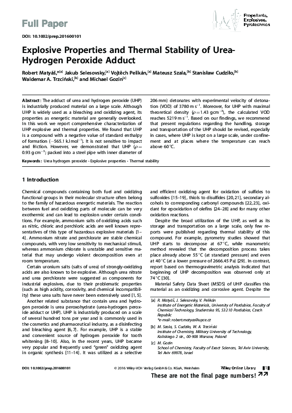 (PDF) Explosive Properties and Thermal Stability of Urea-Hydrogen Peroxide Adduct