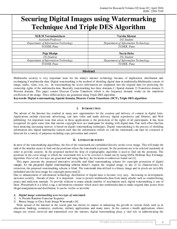 Pdf Securing Digital Images Using Watermarking Technique And Triple Des Algorithm