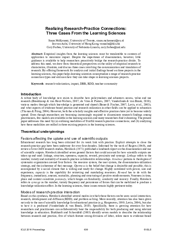 (PDF) Realizing Research-Practice Connections: Three Cases From the ...