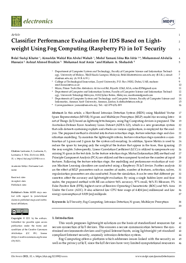 (PDF) Classifier Performance Evaluation for IDS Based on Lightweight Using Fog Computing ...