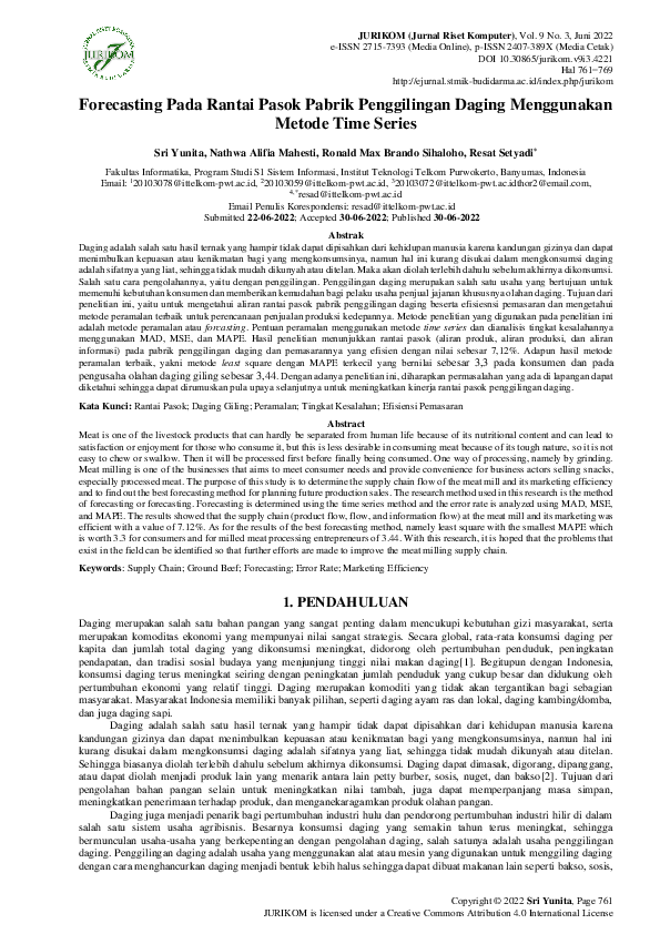 (PDF) Forecasting Pada Rantai Pasok Pabrik Penggilingan Daging Menggunakan Metode Time Series