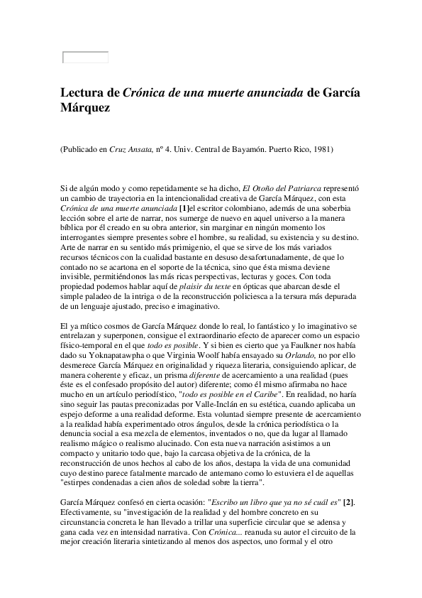 (PDF) Lectura de Crónica de una muerte anunciada de García Márquez
