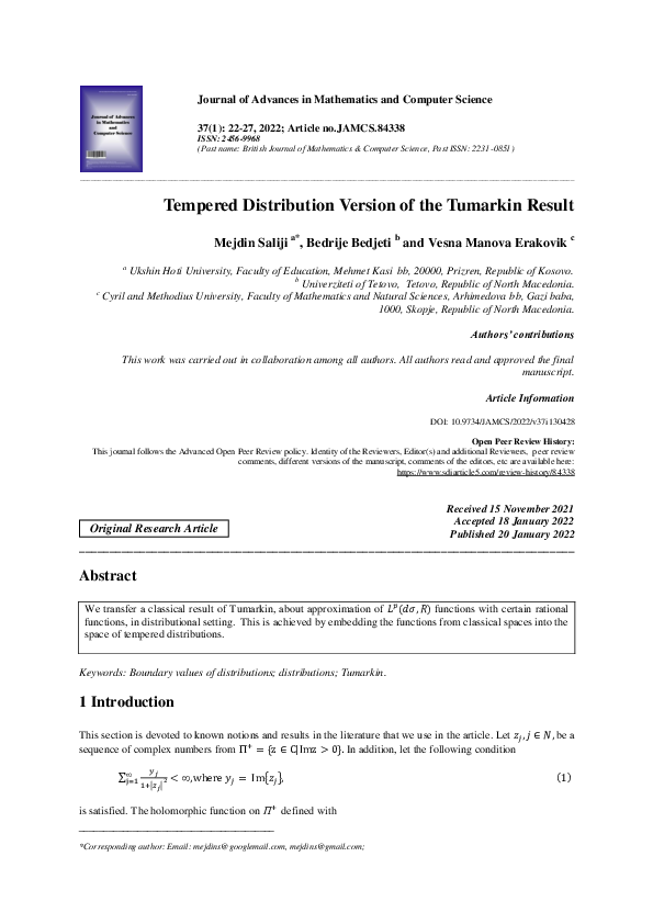 (PDF) Tempered Distribution Version of the Tumarkin Result