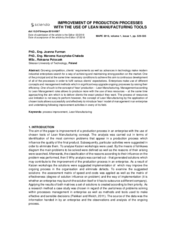 (PDF) Improvement of Production Processes with the Use of Lean Manufacturing Tools